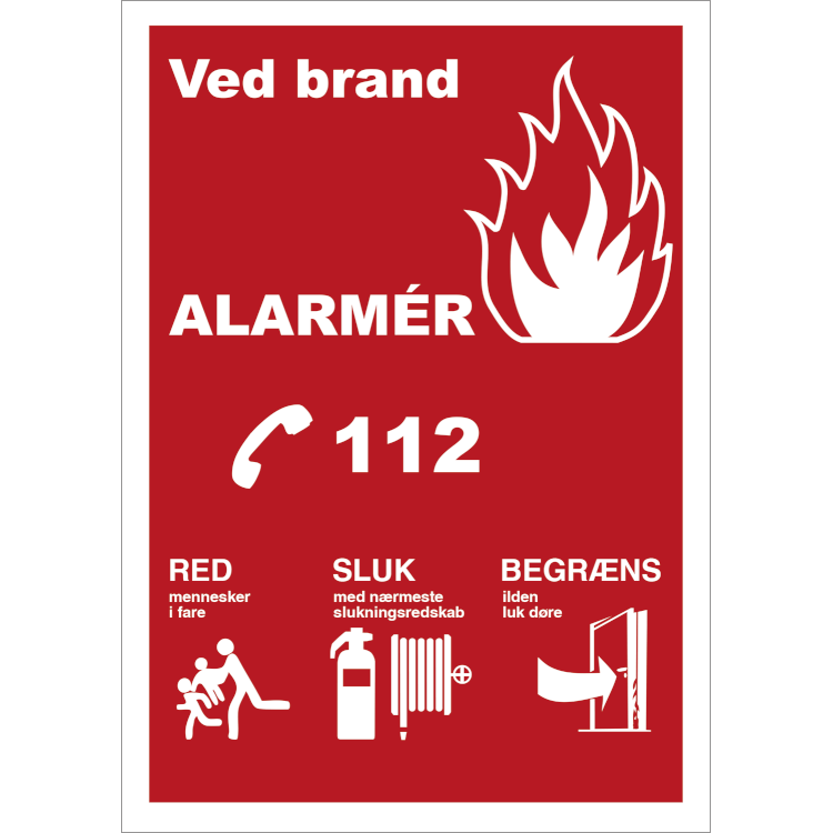 Skilt Ved brand ALARMER | Køb hos SikkerhedsGiganten – Sikkerhedsgiganten